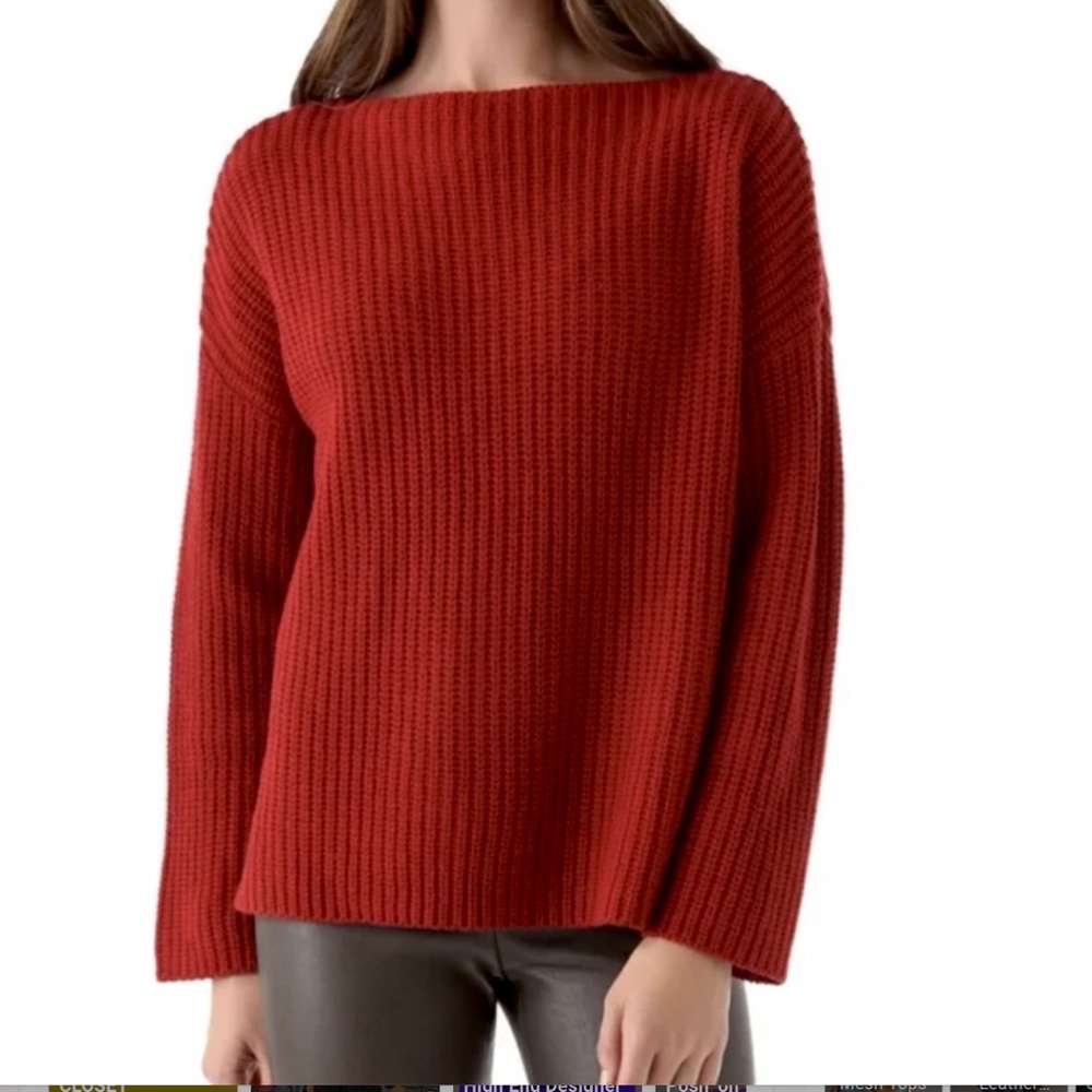 Vince Rust Red Wool/Yak Ribbed Boat Neck Boxy Oversiz… - Gem